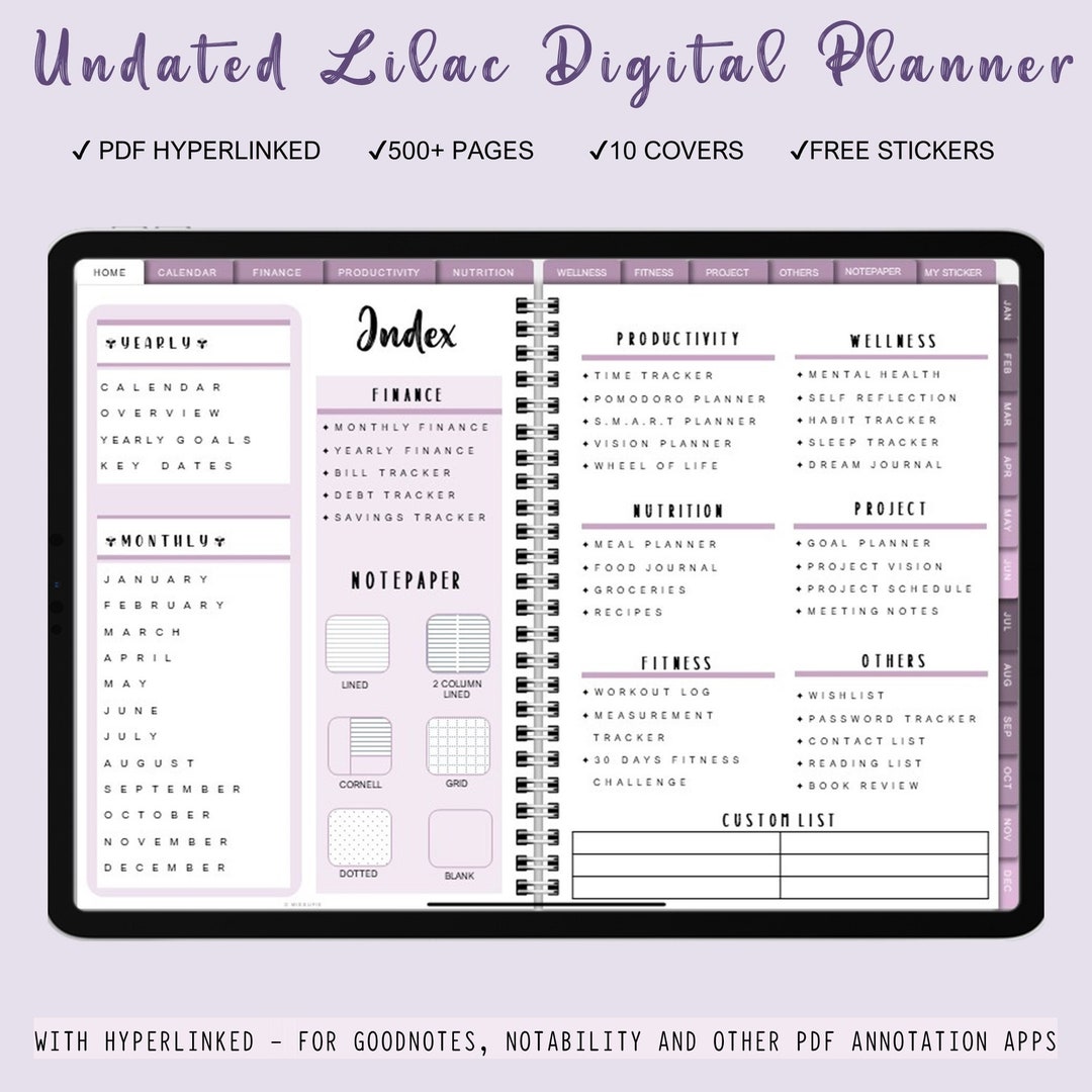 Digital Planner Undated Lilac Purple With Hyperlinks Tabs for Goodnotes ...