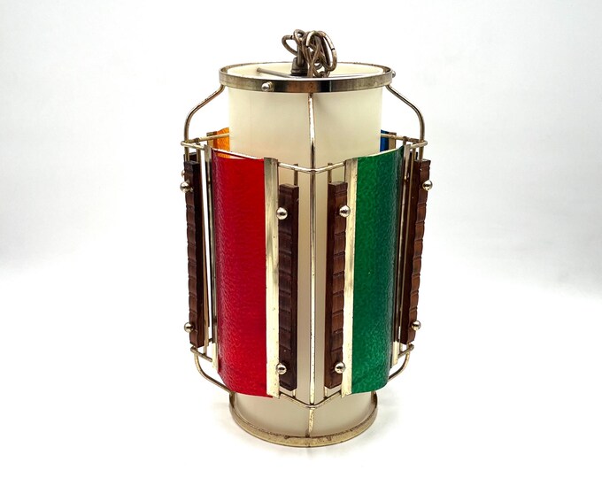 Vintage MCM Pendant Light | Brass Cage With Colorful Textured Panels ...