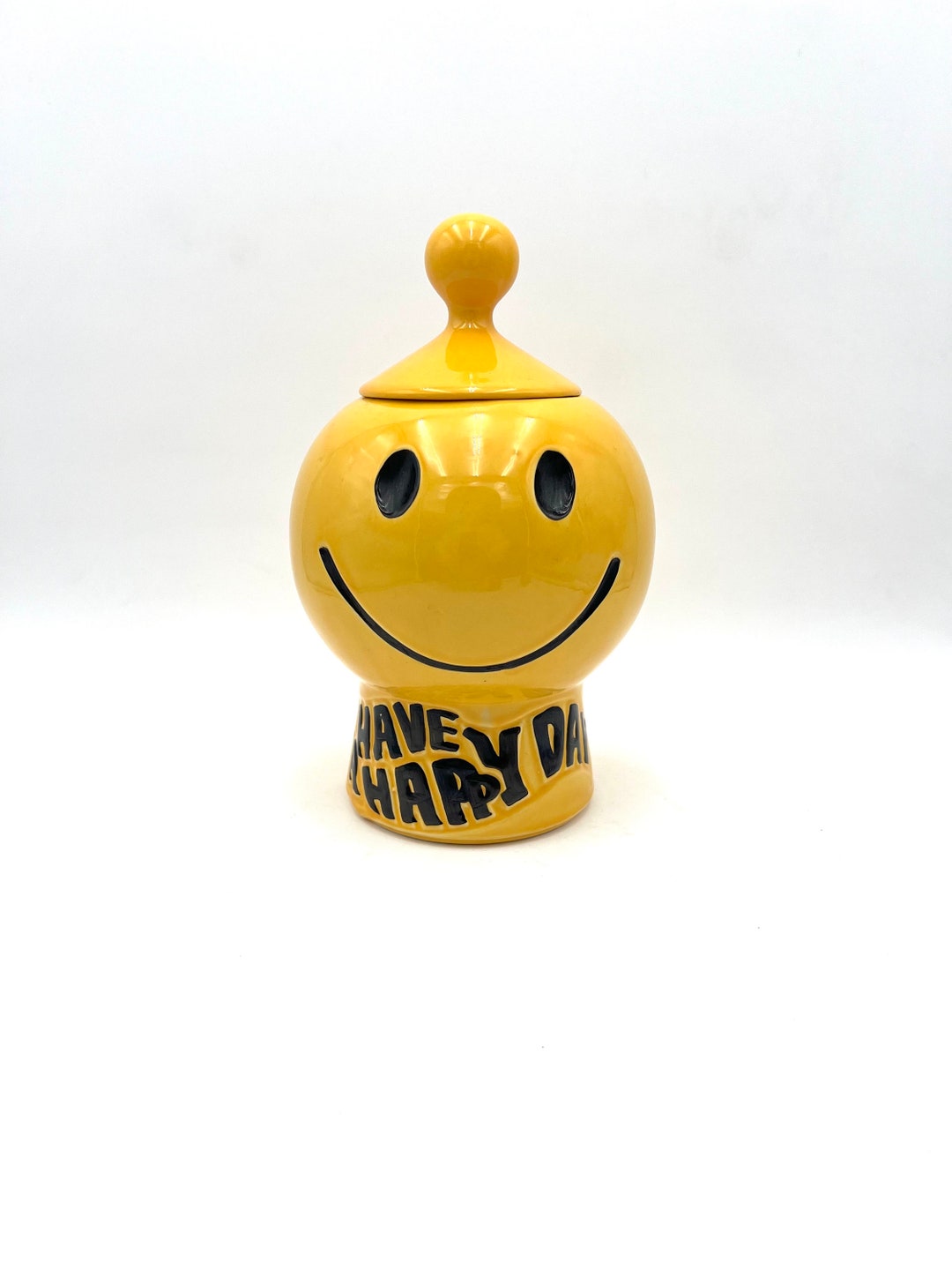 Vintage Mccoy Smiley Face have a Happy Day Cookie Jar Bright Yellow ...