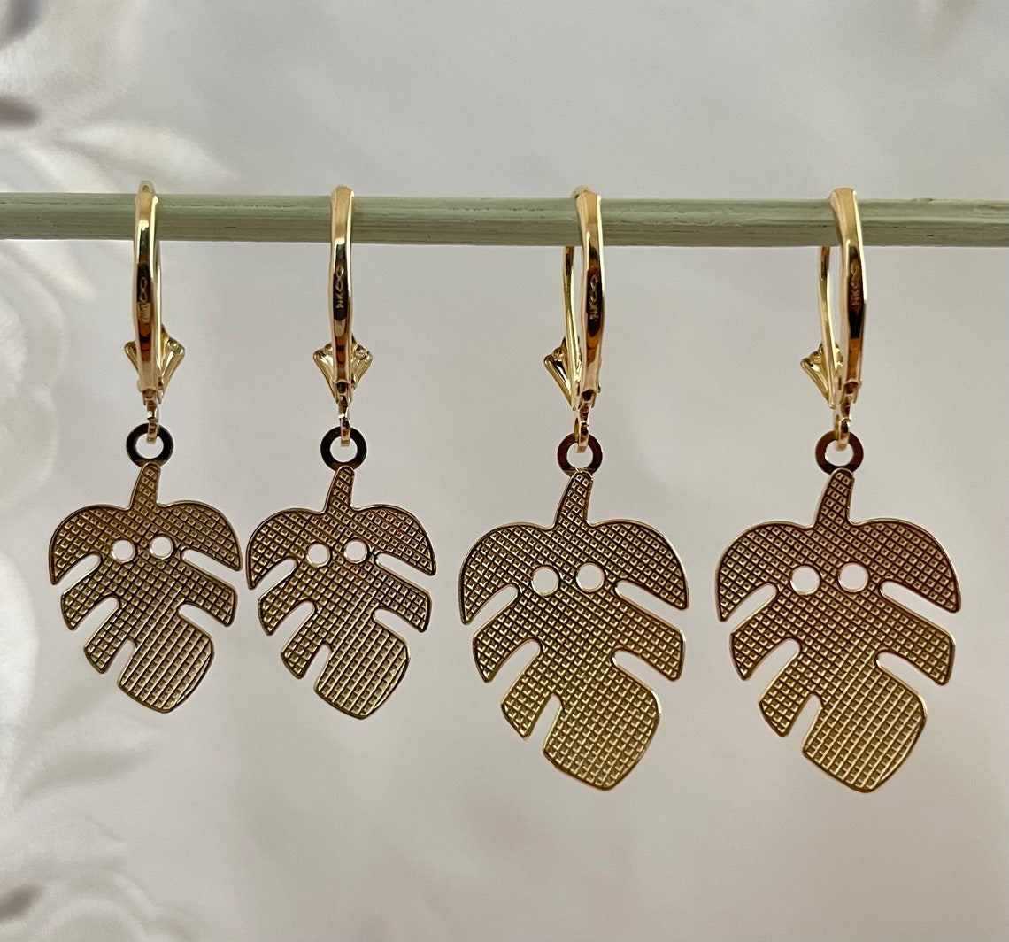 Monstera Leaf Dangle Earrings Solid 14k Yellow Gold - Etsy