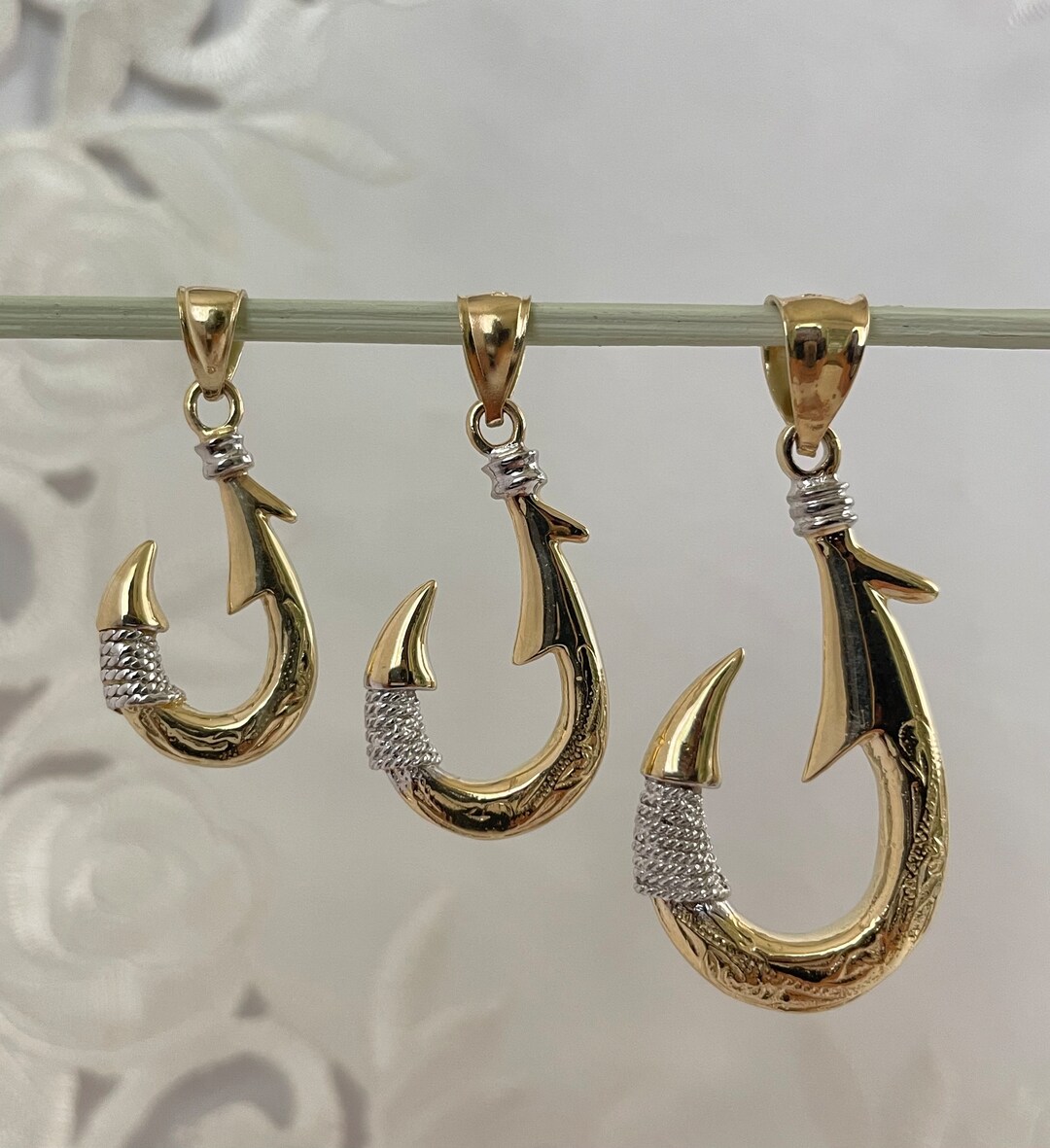 Two-toned Fish Hook Pendant Solid 14k Gold - Etsy