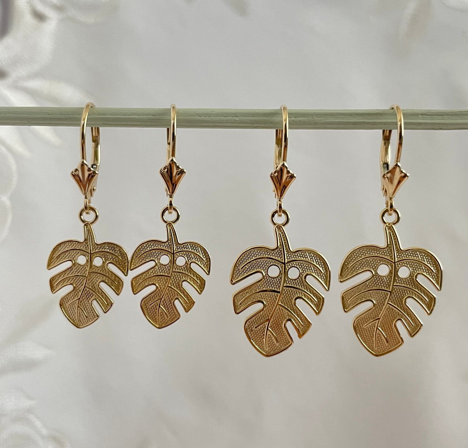 Monstera Leaf Dangle Earrings Solid 14k Yellow Gold - Etsy
