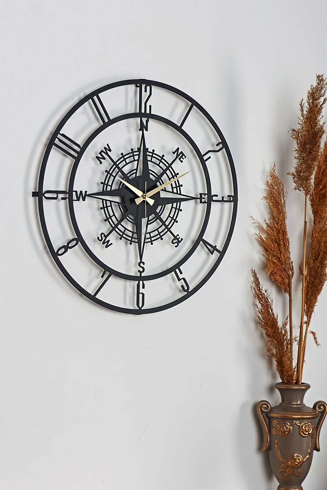 Large Compass Metal Clock Black Metal Wall Clock Modern Oversize Silent ...