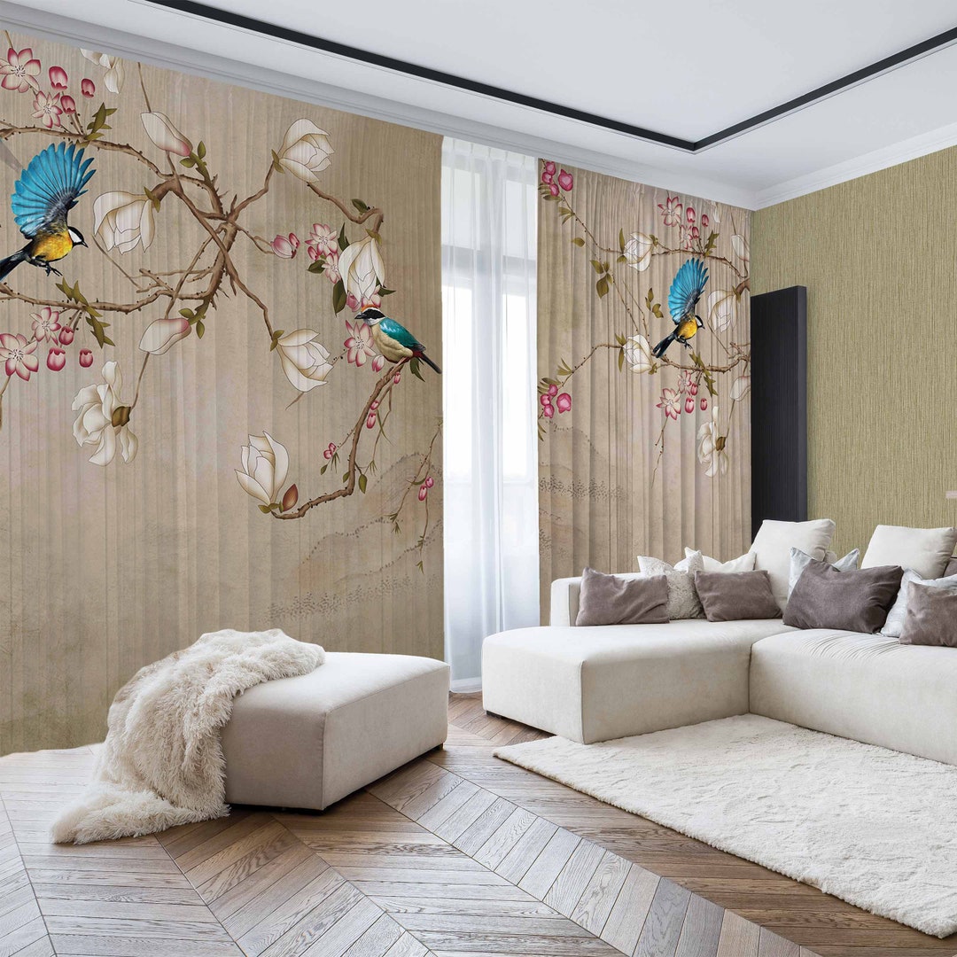 Spring Blossom Cherry Tree Bird Curtain, Curtains, Designer Curtain ...