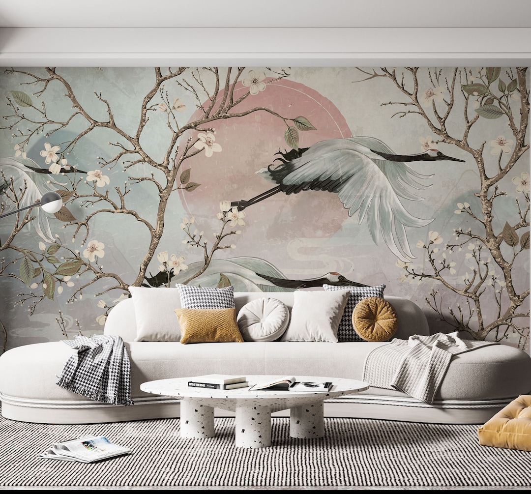 Chinoiserie Tree Floral Wallpaper, Sunset Wallpaper Crane Bird, Spring ...