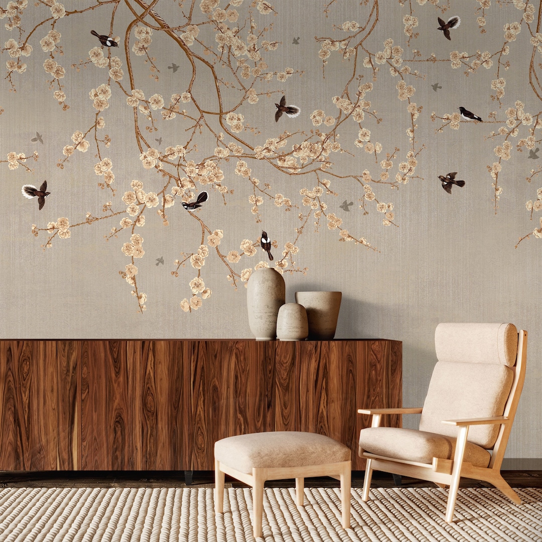 Chinoiserie Wallpaper, Spring Blossom Bird Mural, Non-woven Wallpaper ...