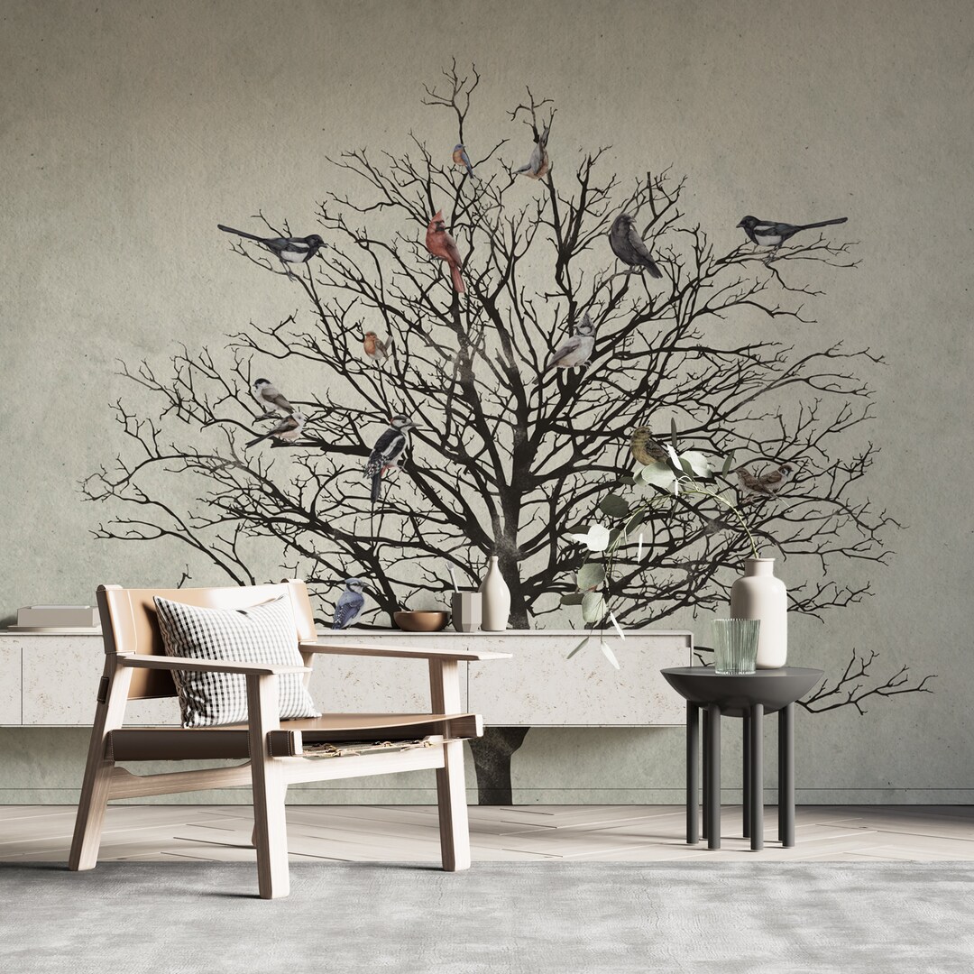 Big Tree With Colorful Birds Wallpaper, Warm Earth Tones Wall Mural ...