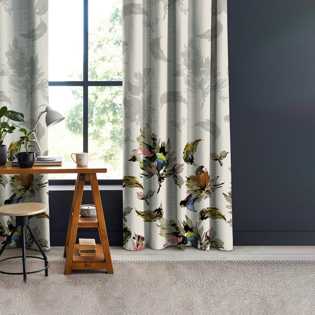 Vintage Colorful Leaves Curtains, Cream Blue Mustard Yellow Green Gray ...