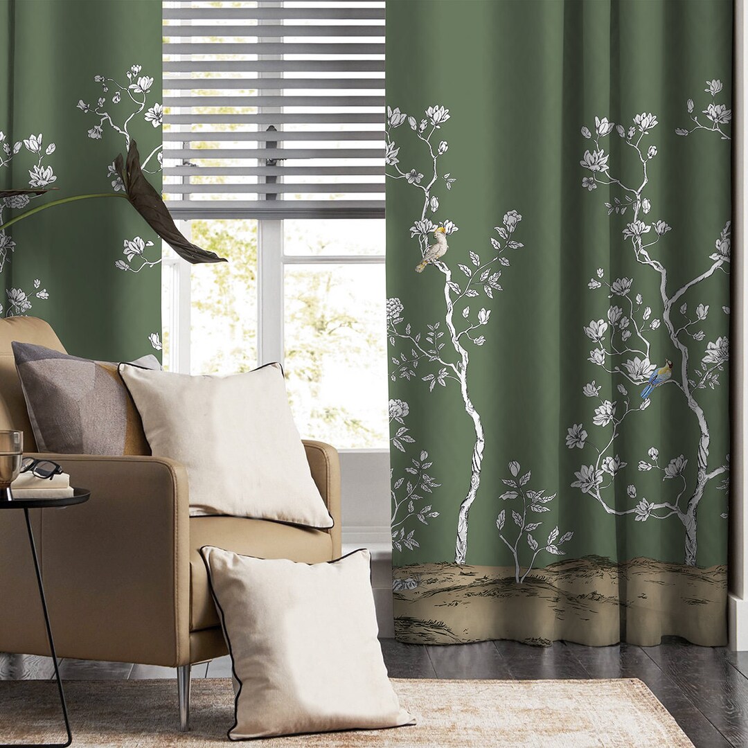 Chinoiserie Spring Blossom Cherry Tree Curtains, Emerald Green Curtains ...