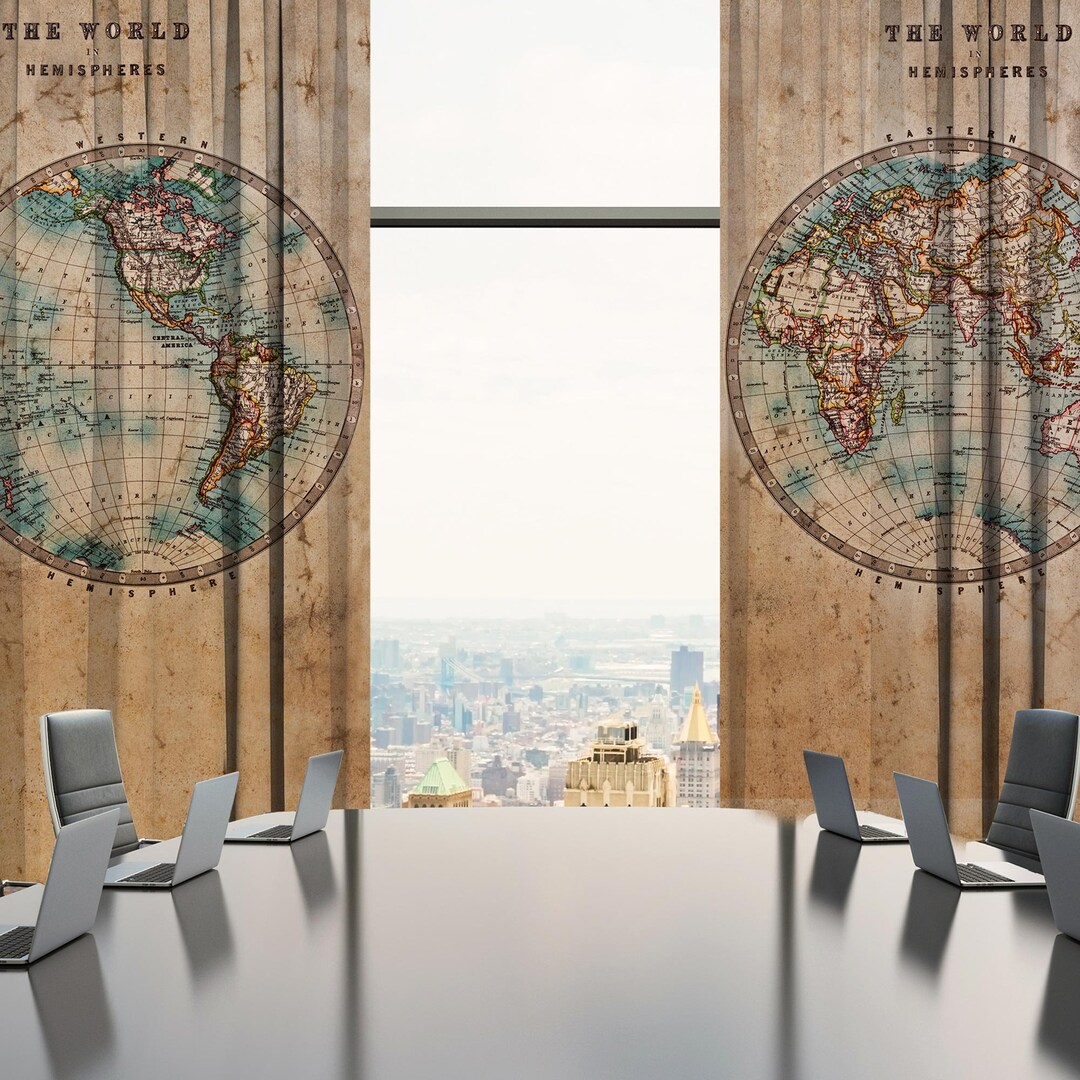 Vintage World Map Curtain, Map Atlas Curtain, Designer Curtain for ...
