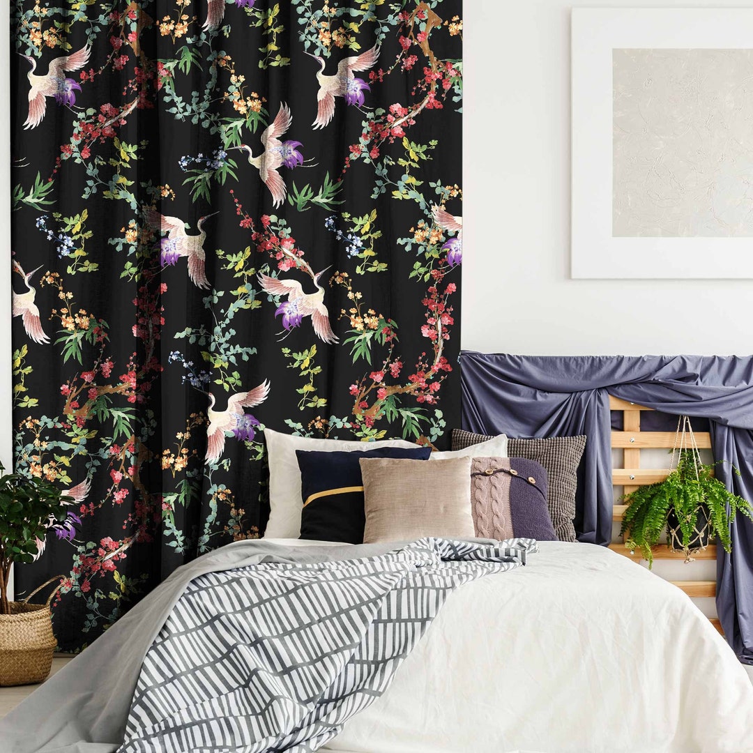 Spring Blossom Chinoiserie Curtains, Crane Bird Curtains, Sakura ...