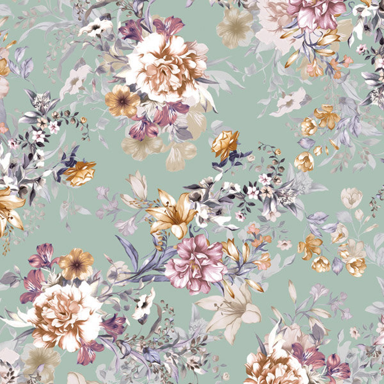 Vintage Floral Curtains, Mustard Yellow Pink Green Blue Purple Gray ...
