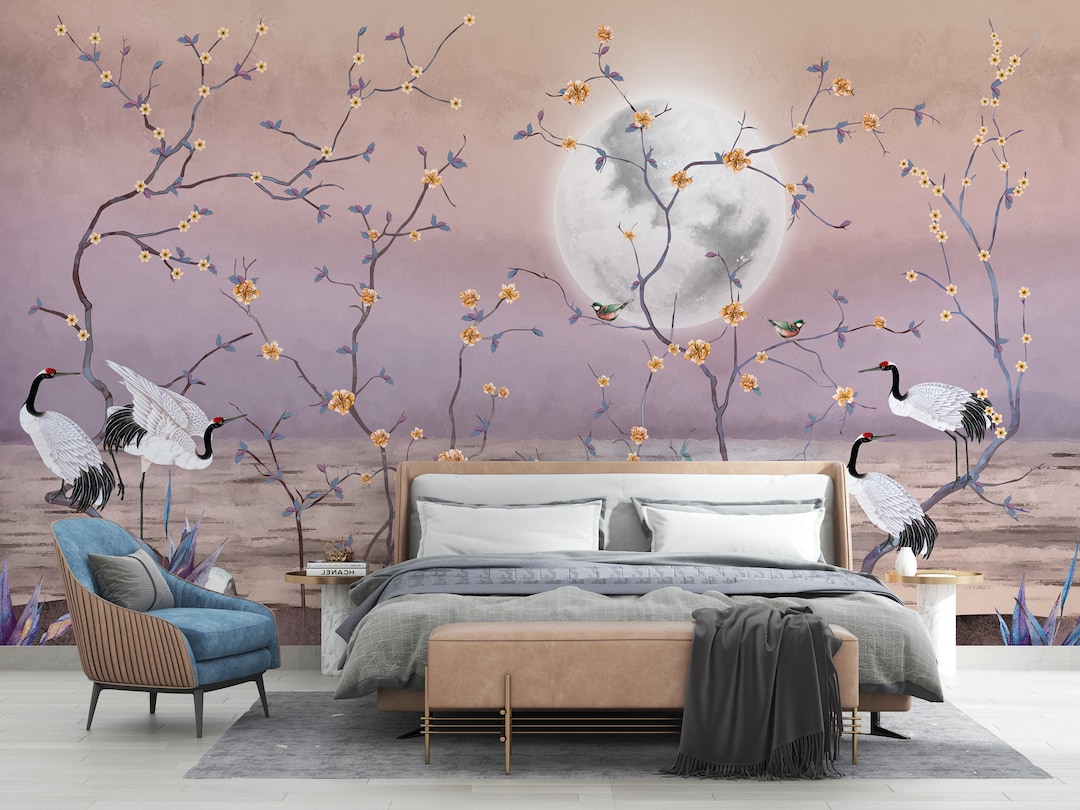Chinoiserie Wallpaper, Crane Bird Mural, Spring Blossom Cherry Tree ...