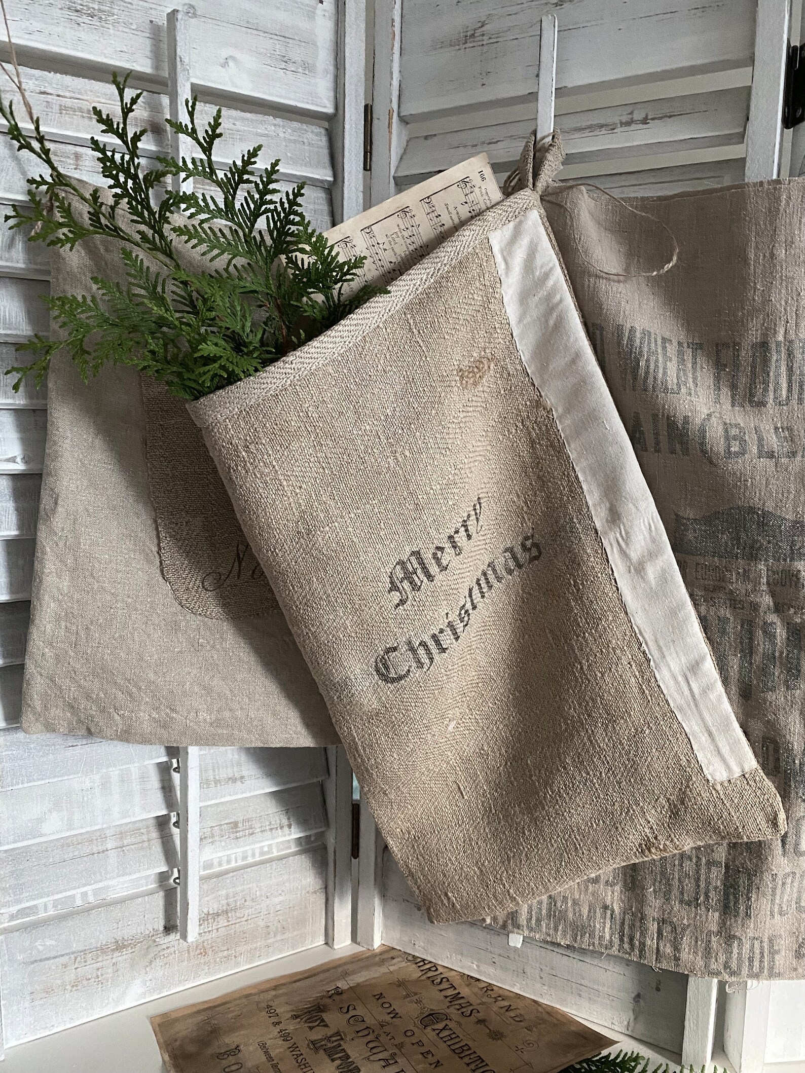 Antique Wall Pocket Flour Sack Merry Christmas Grain Sack Santa Claus ...