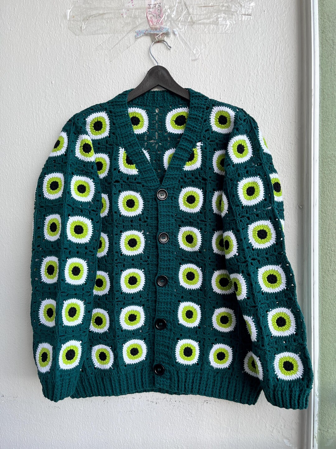 Merladesigns Green Evil Eye Button-up, Crochet Unisex Evil Eye Sweater ...
