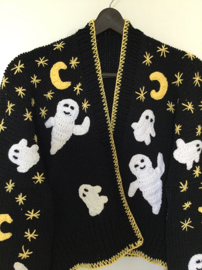 Merladesigns Black Cute Ghost Halloween Cardigan for Women, Stars and ...