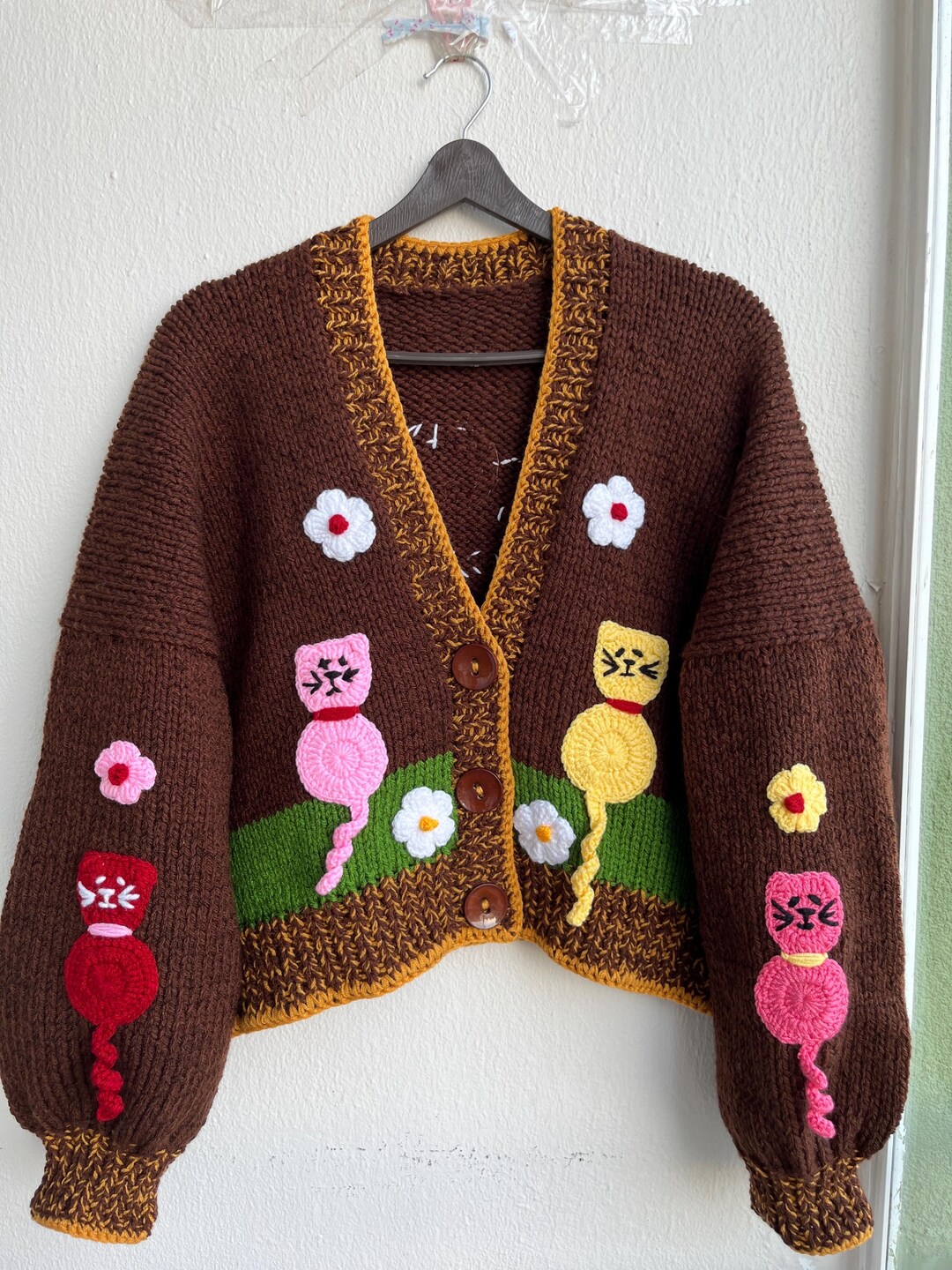 Merladesigns Cat Knit Cardigan for Women, Cats Artsy Handmade Handknit ...