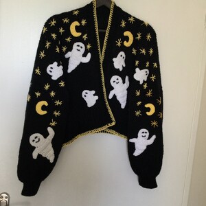 Merladesigns Black Cute Ghost Halloween Cardigan for Women, Stars and ...