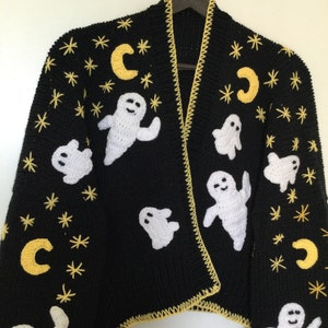 Merladesigns Black Cute Ghost Halloween Cardigan for Women, Stars and ...