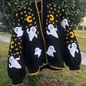Merladesigns Black Ghost Cardigan,unisex Stars and Moon Crochet Sweater ...