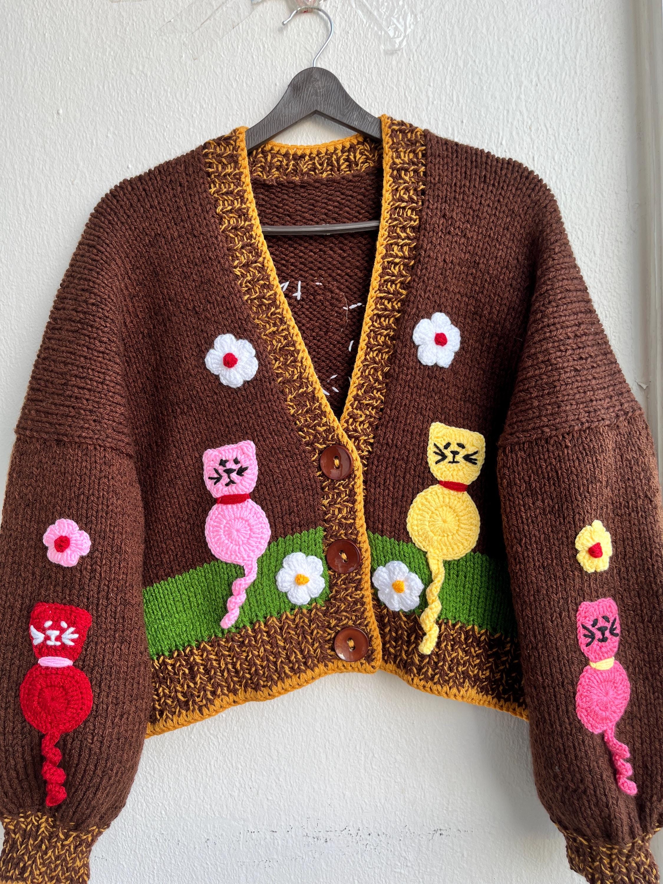 Merladesigns Cat Knit Cardigan for Women, Cats Artsy Handmade Handknit ...