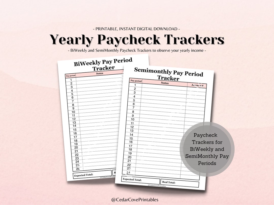 Yearly Paycheck Trackers, Printable Template, Instant Digital Download ...
