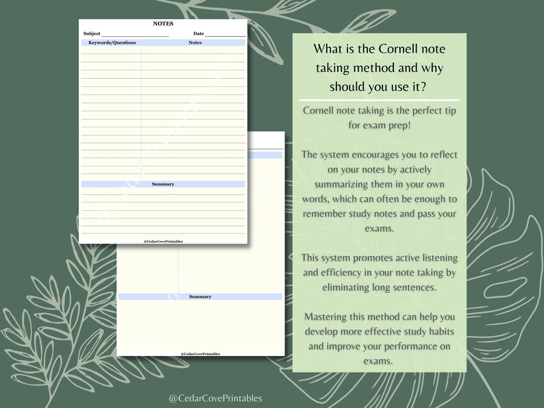 Cornell Note Taking Method Template, Printable, Instant Digital ...
