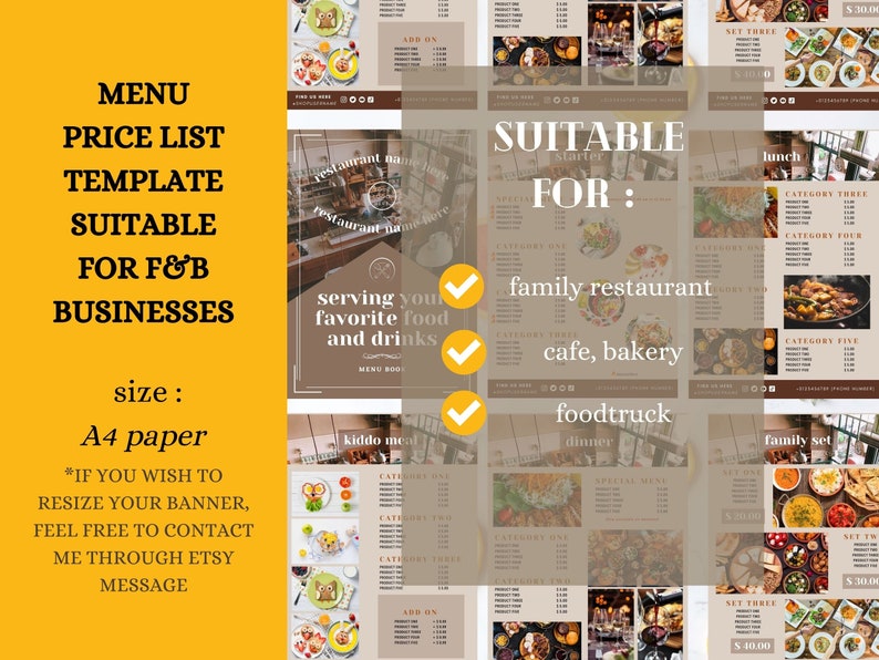 Restaurant Menu Price List Template. Editable and | Etsy Canada