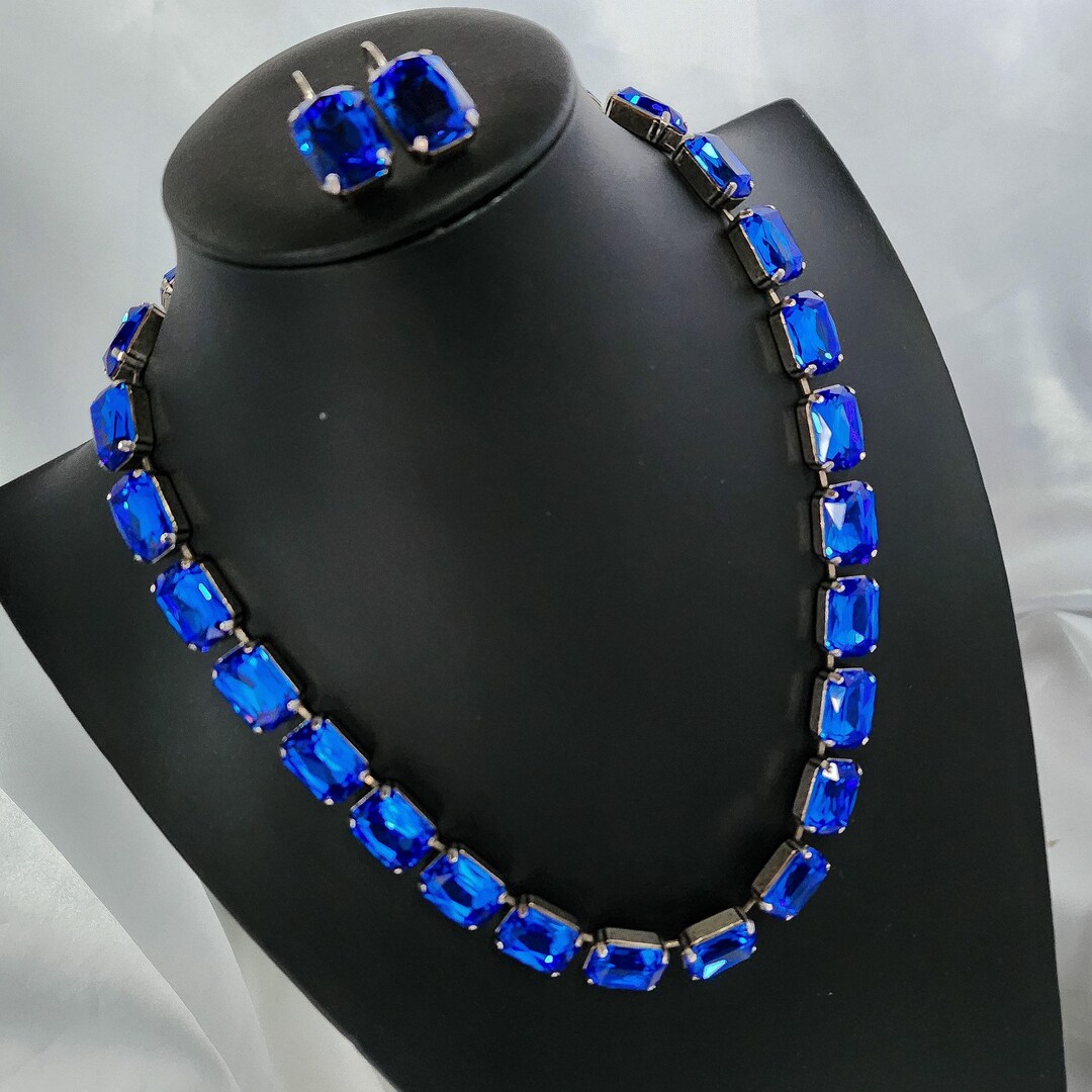 Sapphire Crystal Statement Necklace for Women. Deep Blue Shiny ...