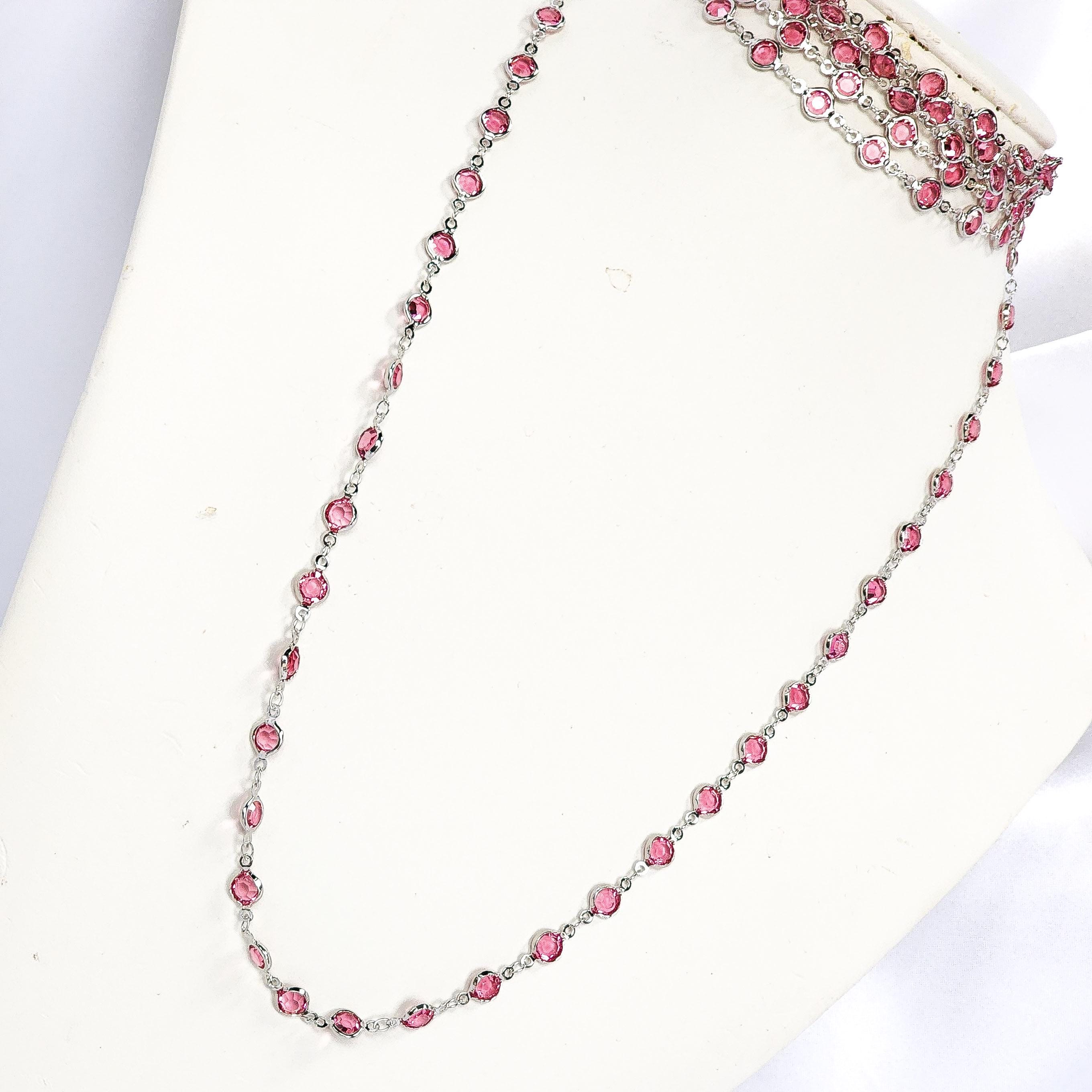 Long Pink Crystal Necklace in Rhodium. 80 Inches Long! Silver Chain ...