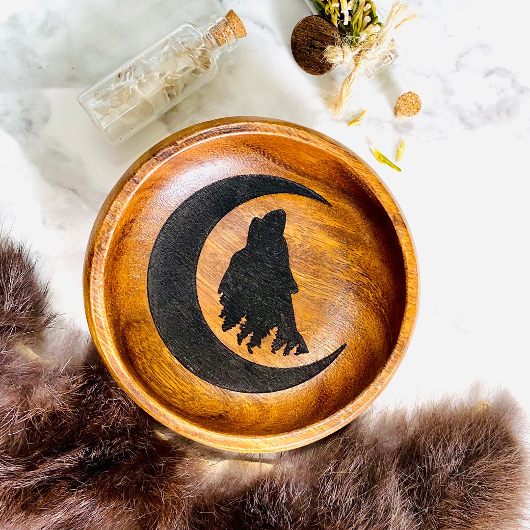 Wolf Engraved Wood Trinket Jewelry Offering Ring Holder Decorative Bowl ...