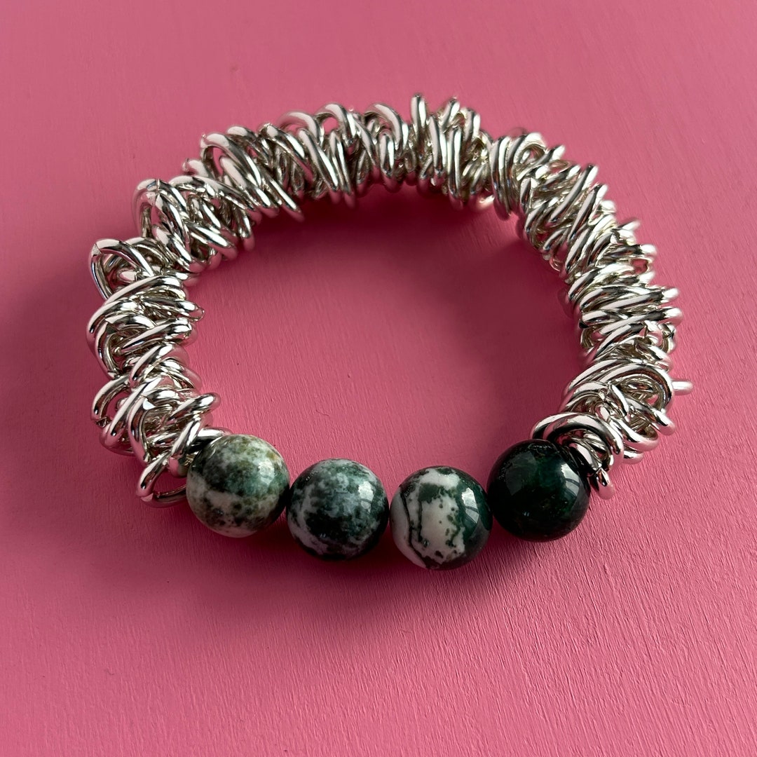 Chunky Link Rope Chain Moss Agate Bracelet, Fancy Woven Chainmail ...