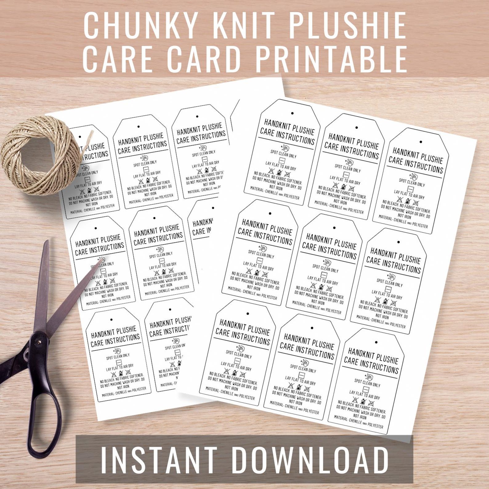 Chunky Knit Plushie Care Card Printable, Hand Knit Stuffie Wash ...