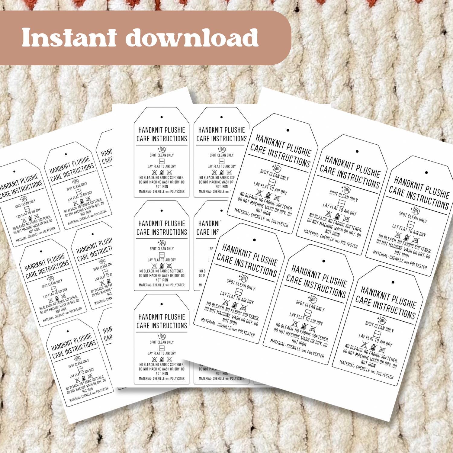 Chunky Knit Plushie Care Card Printable, Hand Knit Stuffie Wash ...