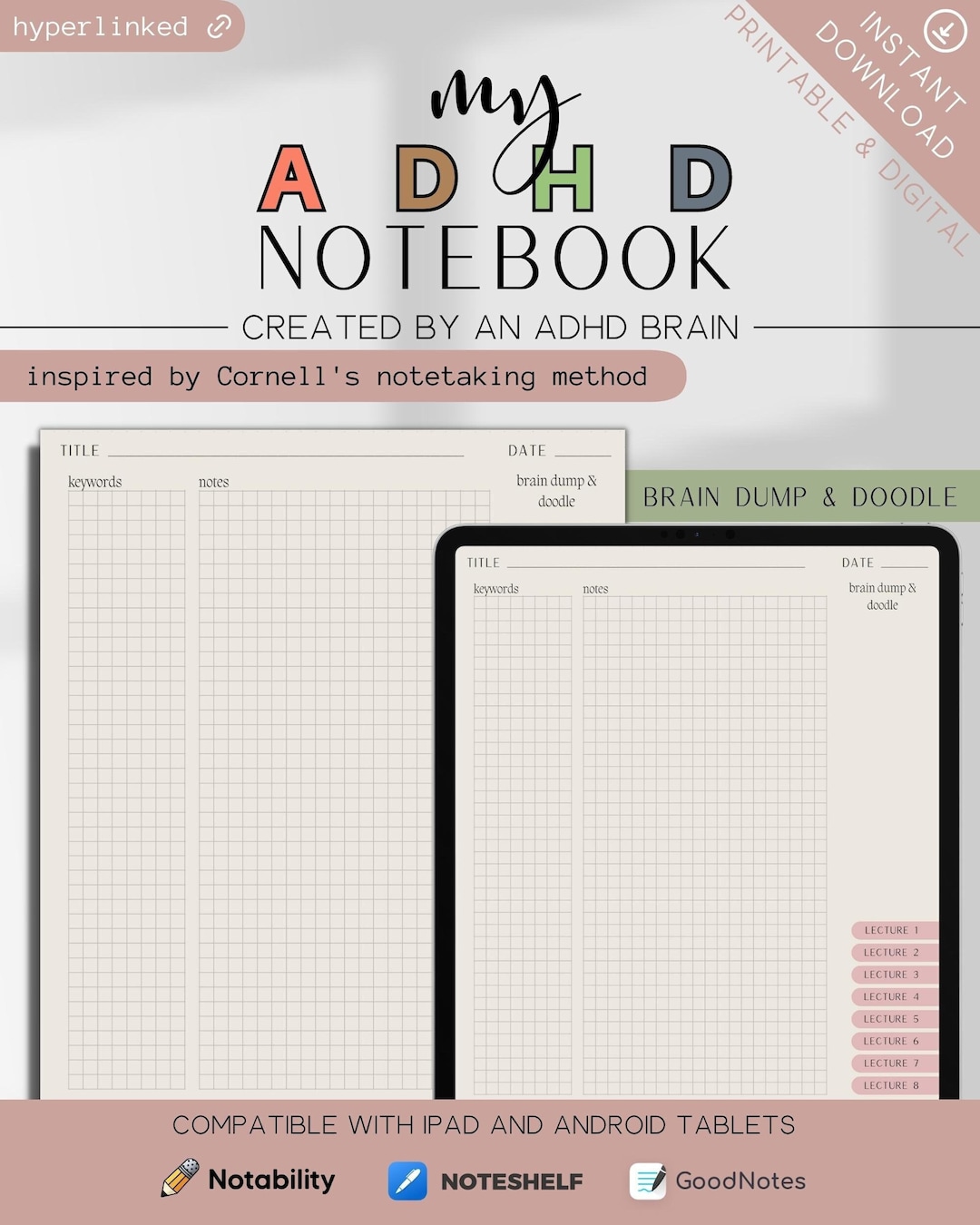 ADHD Digital Printable Hyperlinked Notebook With Tabs for Students ...