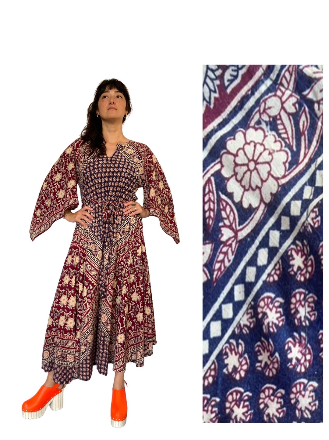 Super RARE 1970s Indian Cheesecloth Angel Wing Midi Flared Dress ...