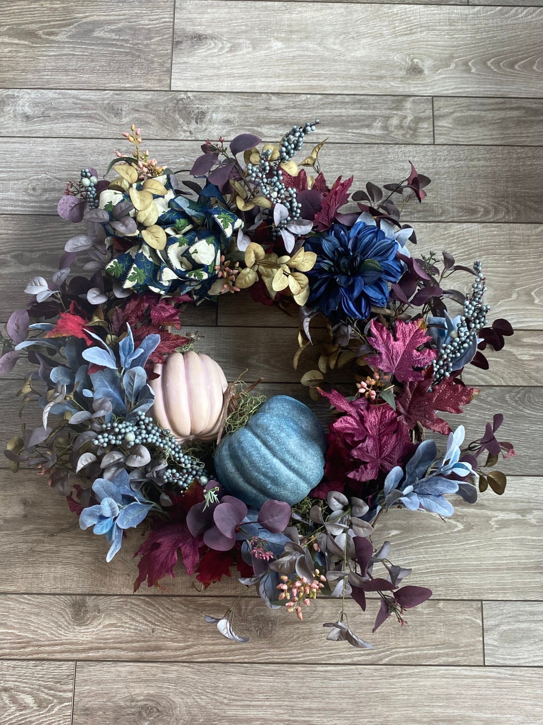 Extra Large Fall Wreath. Artificial. Blue, Merlot, Pink. Muted Fall ...