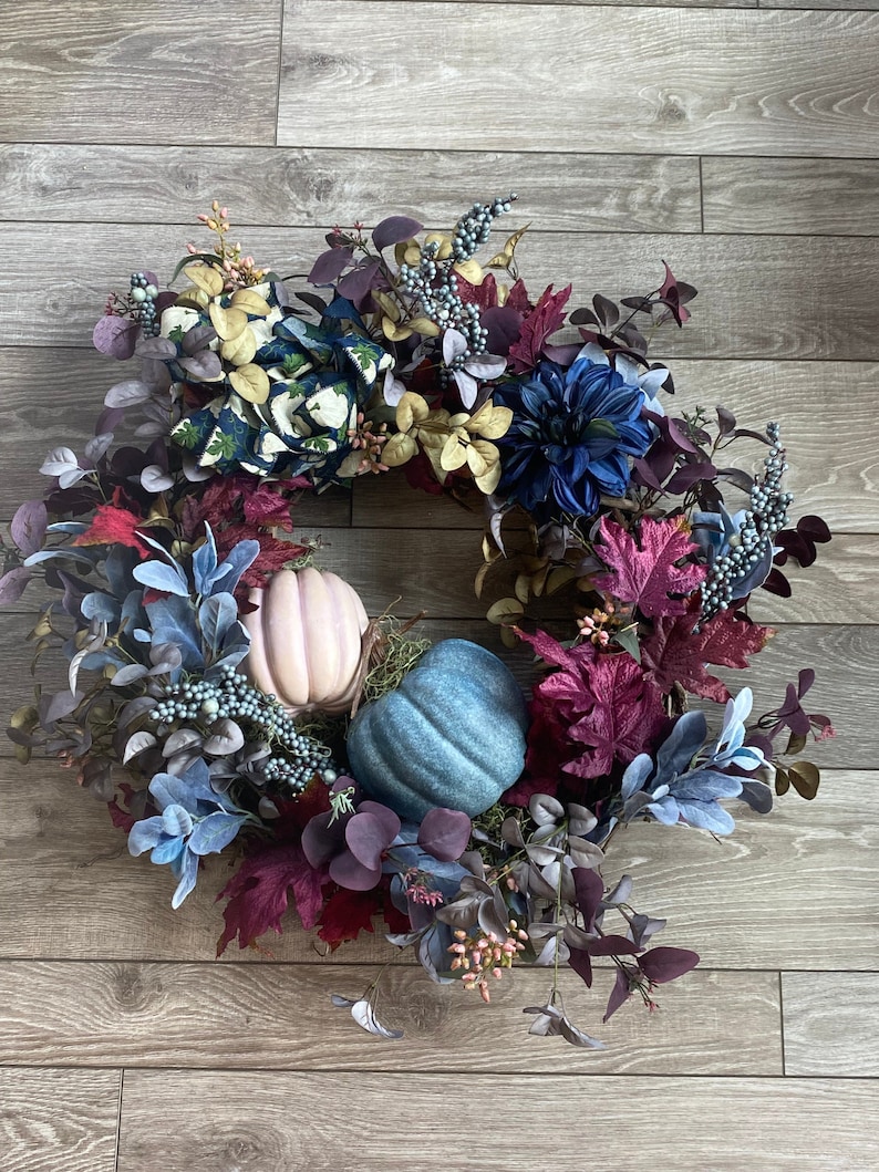 Extra Large Fall Wreath. Artificial. Blue, Merlot, Pink. Muted Fall ...