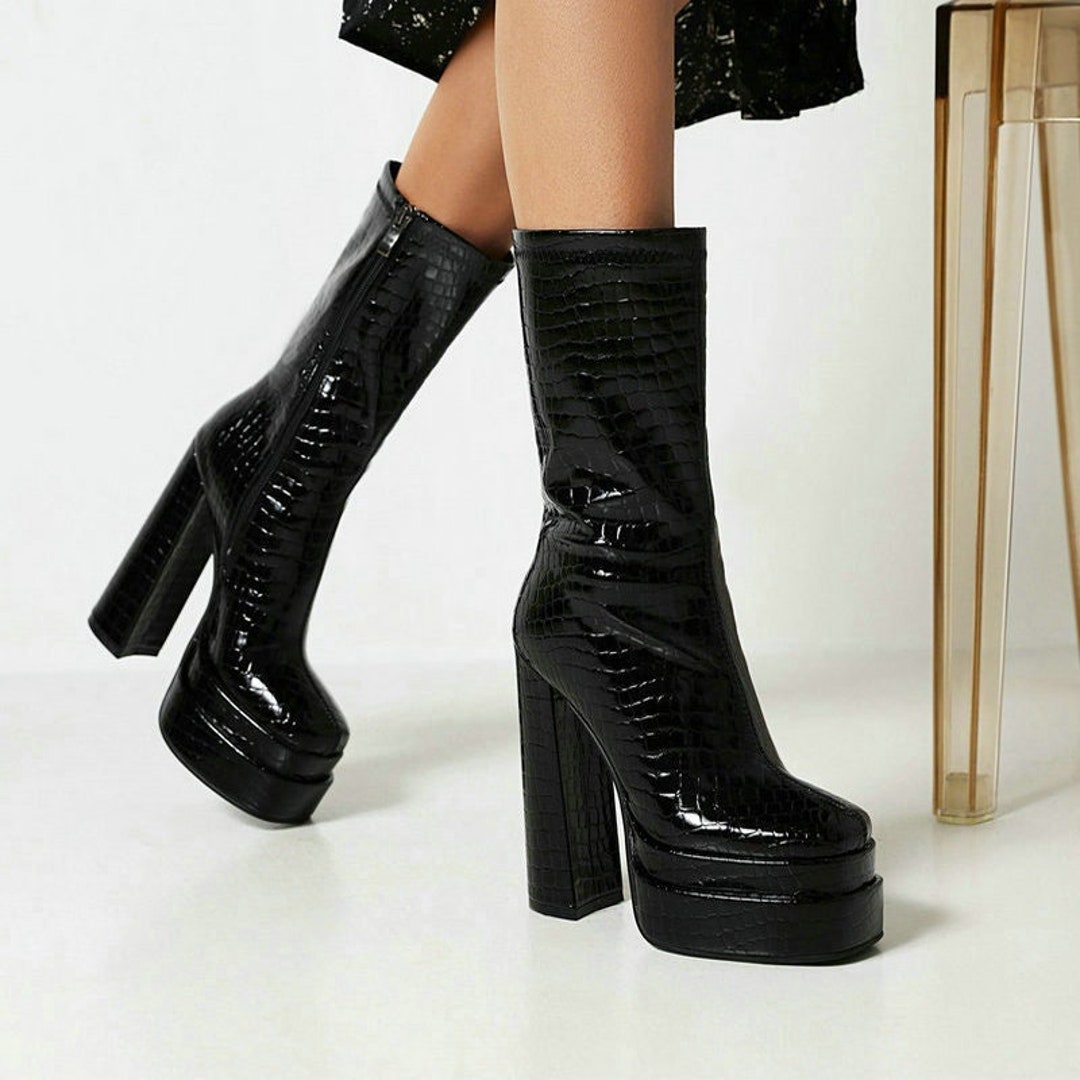 Chunky Super High Platform Boots Black High Heels Lolita - Etsy