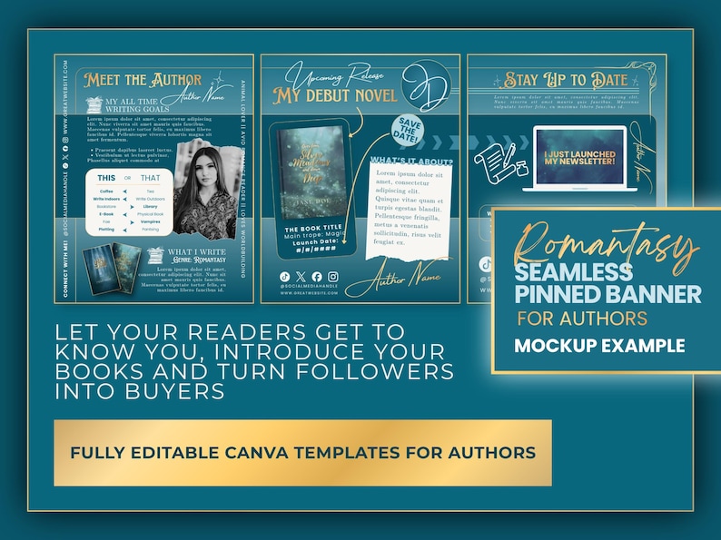 Romantasy Templates for Authors, Gold Teal Seamless Pinned Instagram ...