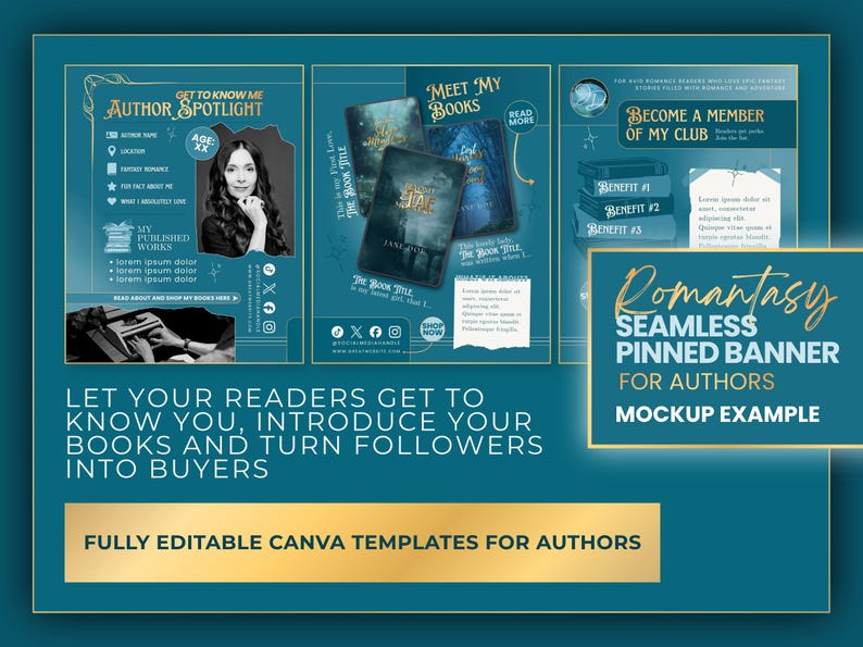 Romantasy Templates for Authors, Gold Teal Seamless Pinned Instagram ...