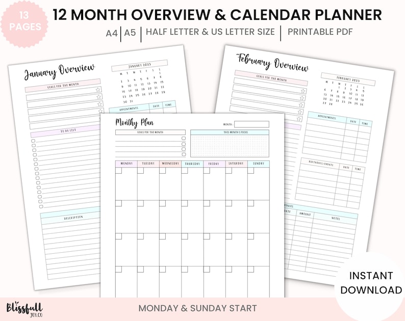 12 Month Overview Planner Printable, Undated Monthly Planner, Monthly ...
