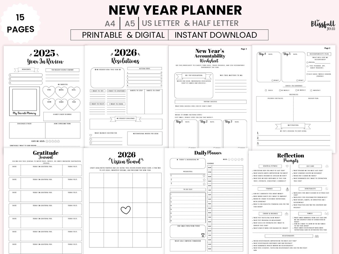 2026 Printable New Year Planner, New Year's Resolution, Vision Board ...