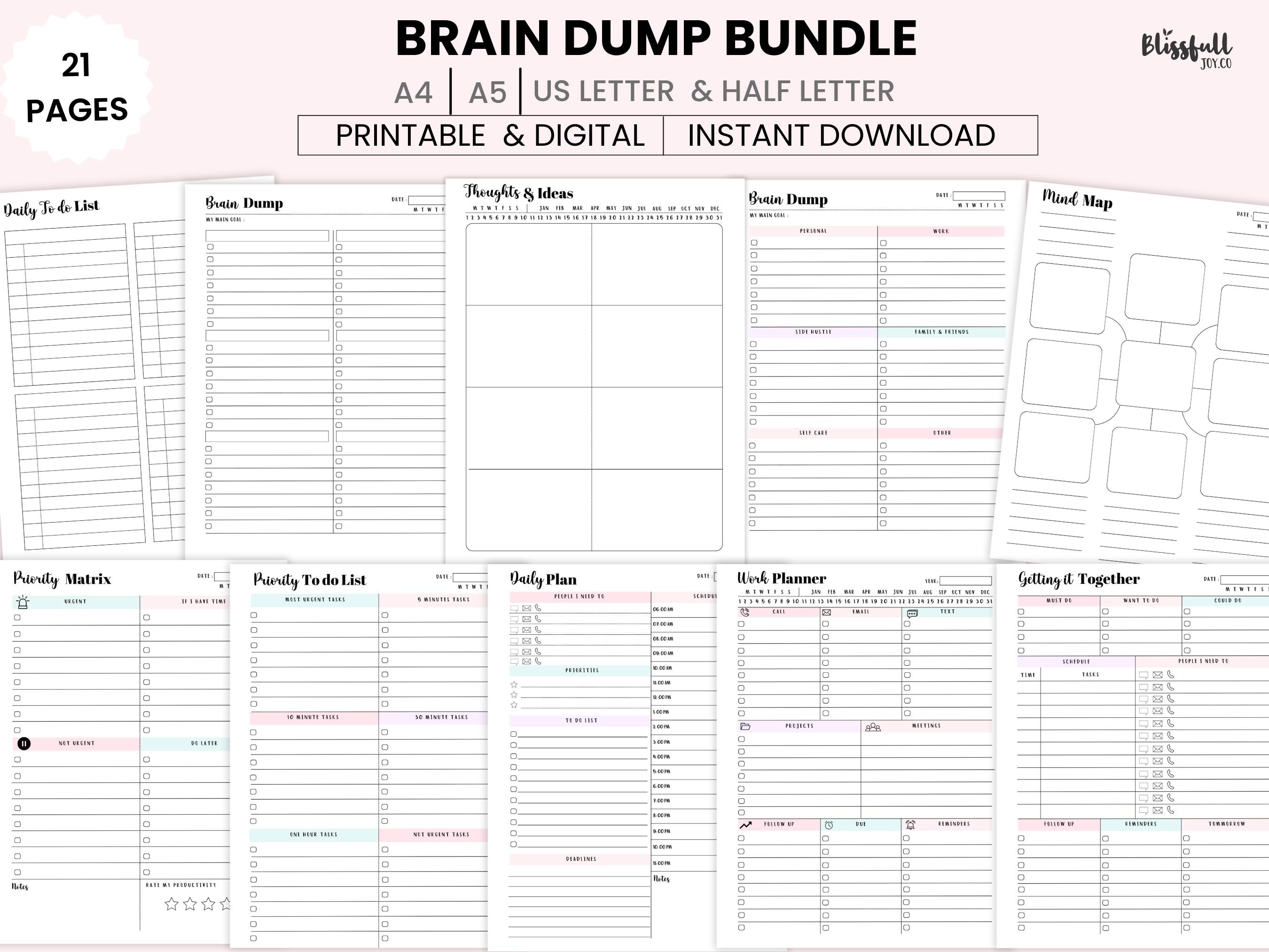 Brain Dump Bundle, Priority Matrix, Work Day Organizer, to Do List ...