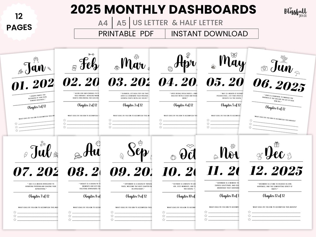 2025 Monthly Dashboard Set, Printable Dividers, January - December ...