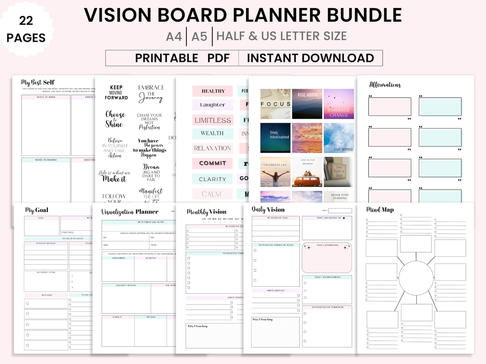 Printable Vision Board, Visualization Planner, Life Quotes ,words ...