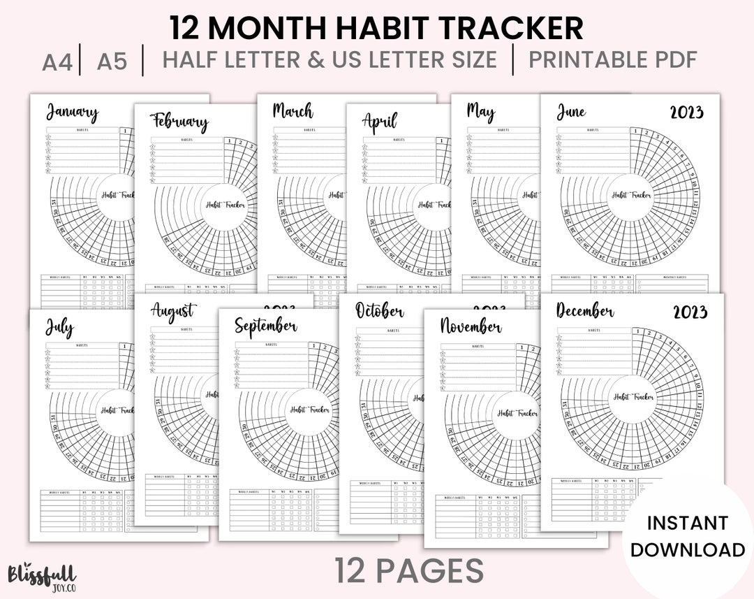 Printable 12 Month Habit Tracker, Daily, Weekly, Monthly Habit Tracker ...