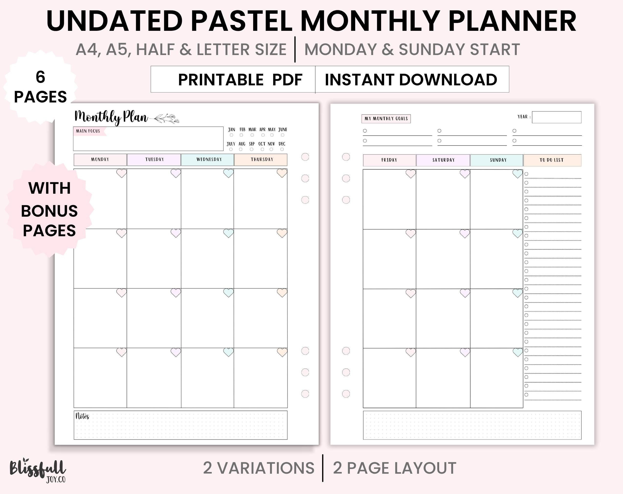 Undated Pastel Monthly Planner, Printable 2 Page Spread , Heart ...