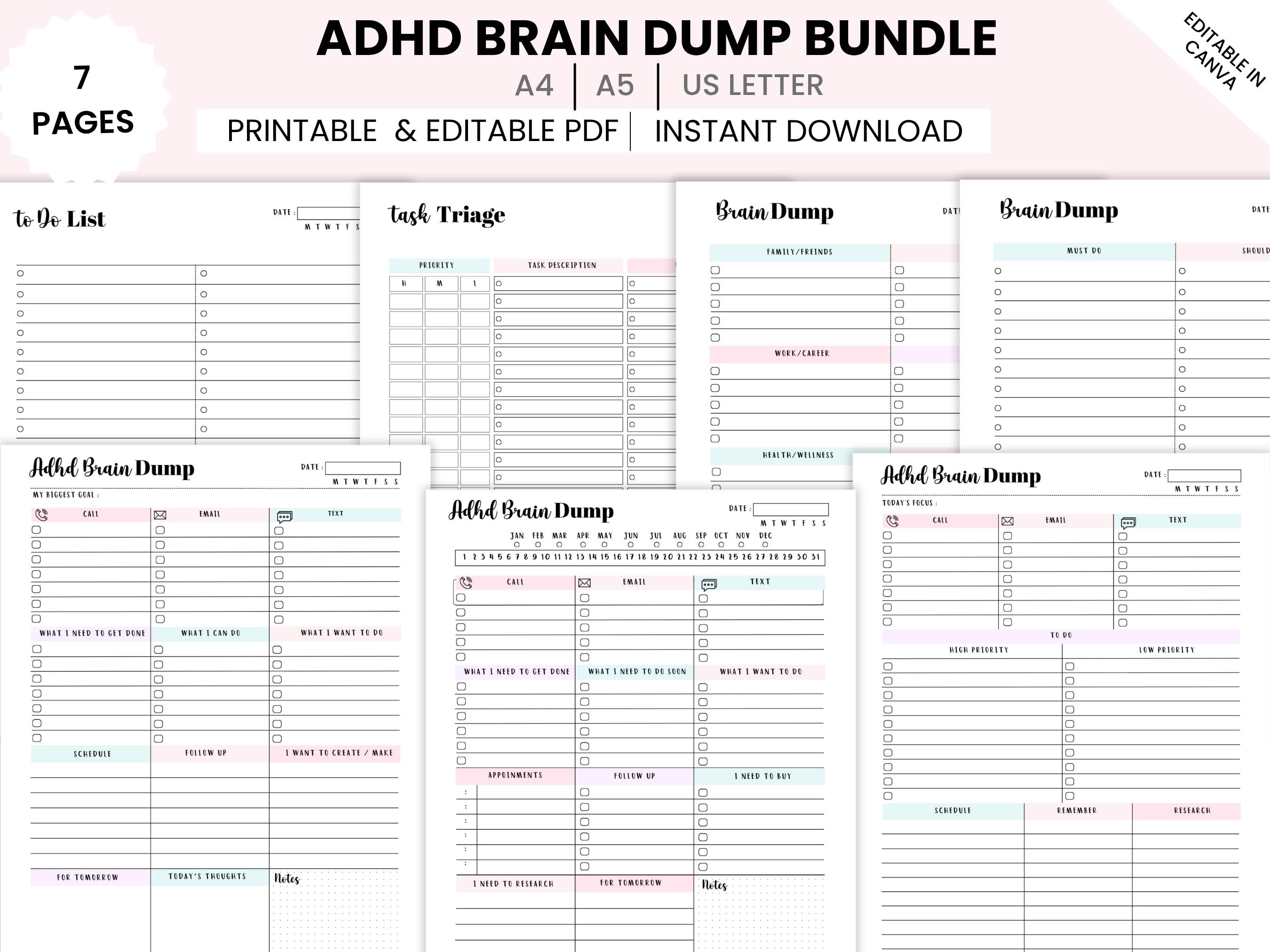 ADHD Brain Dump Printable, Task Lists, Brain Dump Checklists, Canva ...
