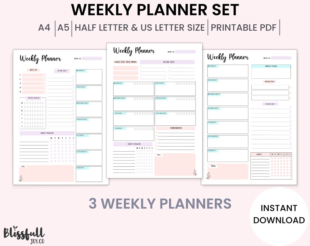 Printable Weekly Planner Set , Weekly Planner, Productivity Planner ...